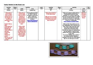 Tuesday's timetable and suggested activities for Miss Parsons' class ...