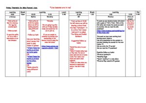 Friday's timetable and suggested activities for Miss Parsons' class ...