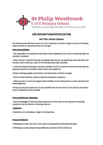 JOB DESCRIPTION CLEANER - St Philip Westbrook C of E Primary School